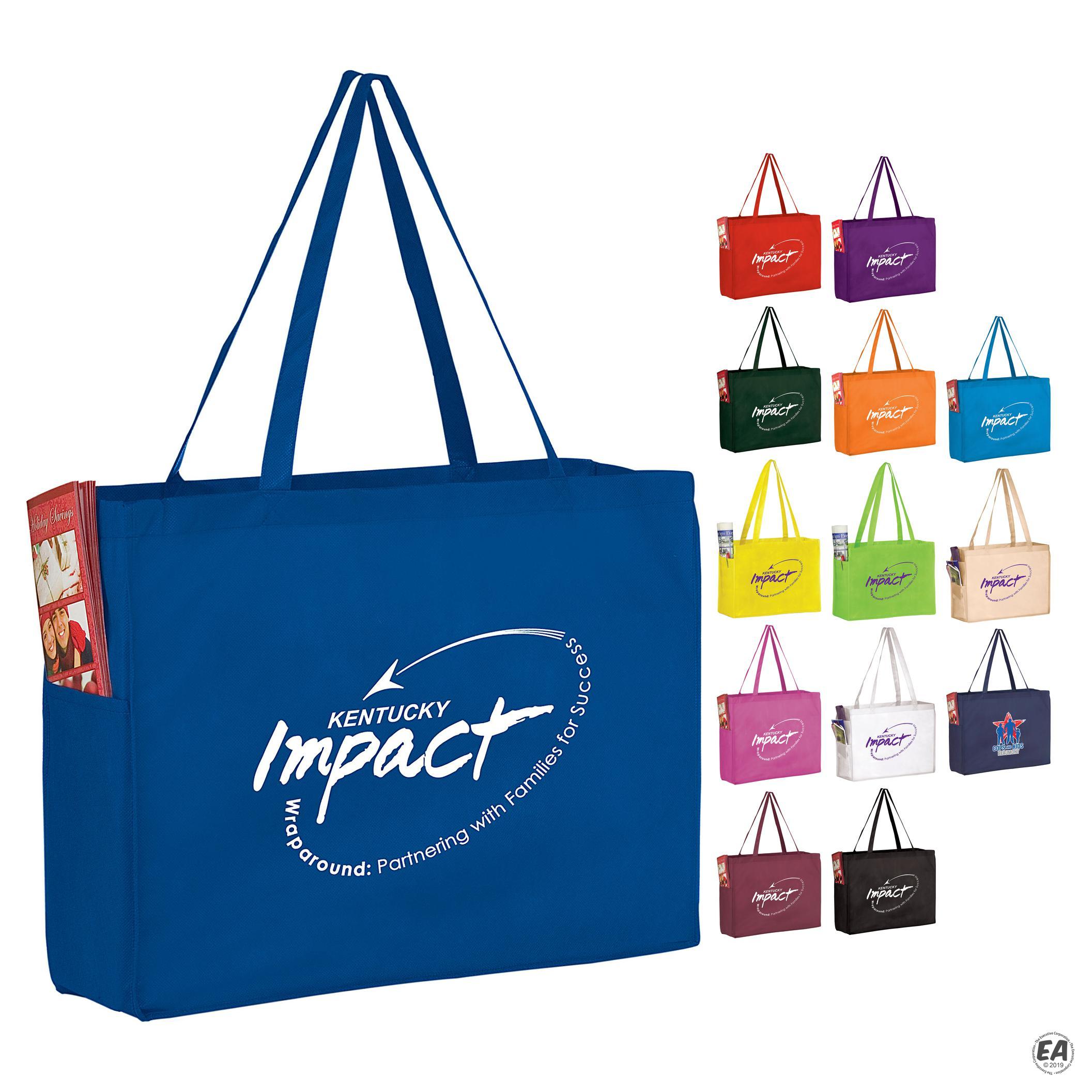Branded Non-Woven Over-the-Shoulder Tote Bag with Side Pockets 16x12x6 ...
