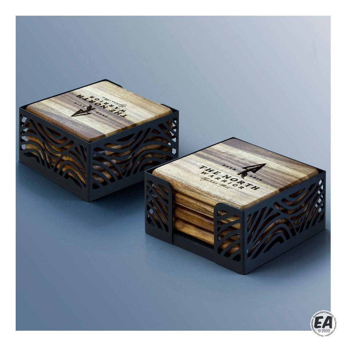 Promotional Acacia Wood 4-Piece Square Coaster Set with Black Metal ...