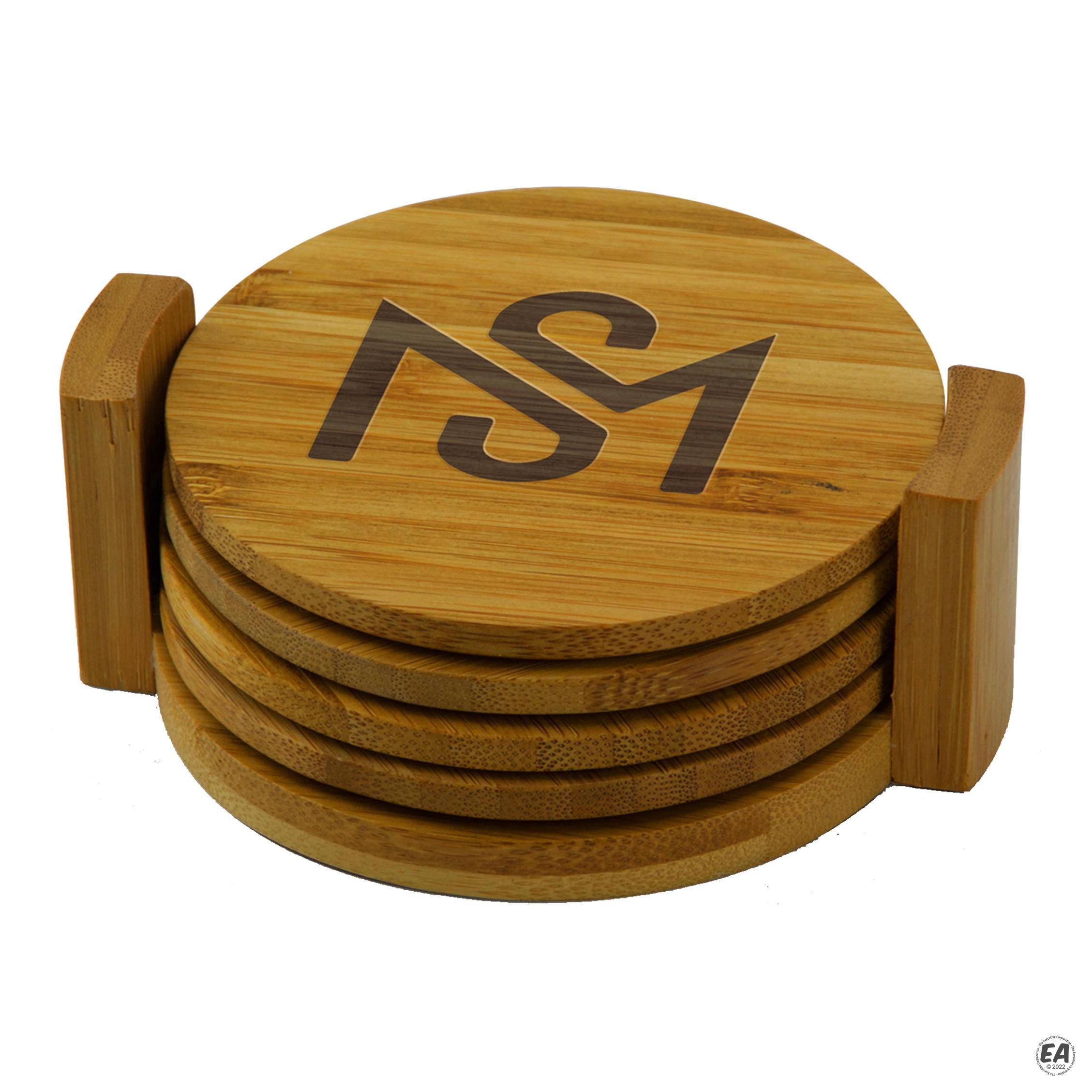 Customized Round Bamboo 4-Piece Coaster Set with Wood Stand | Custom ...