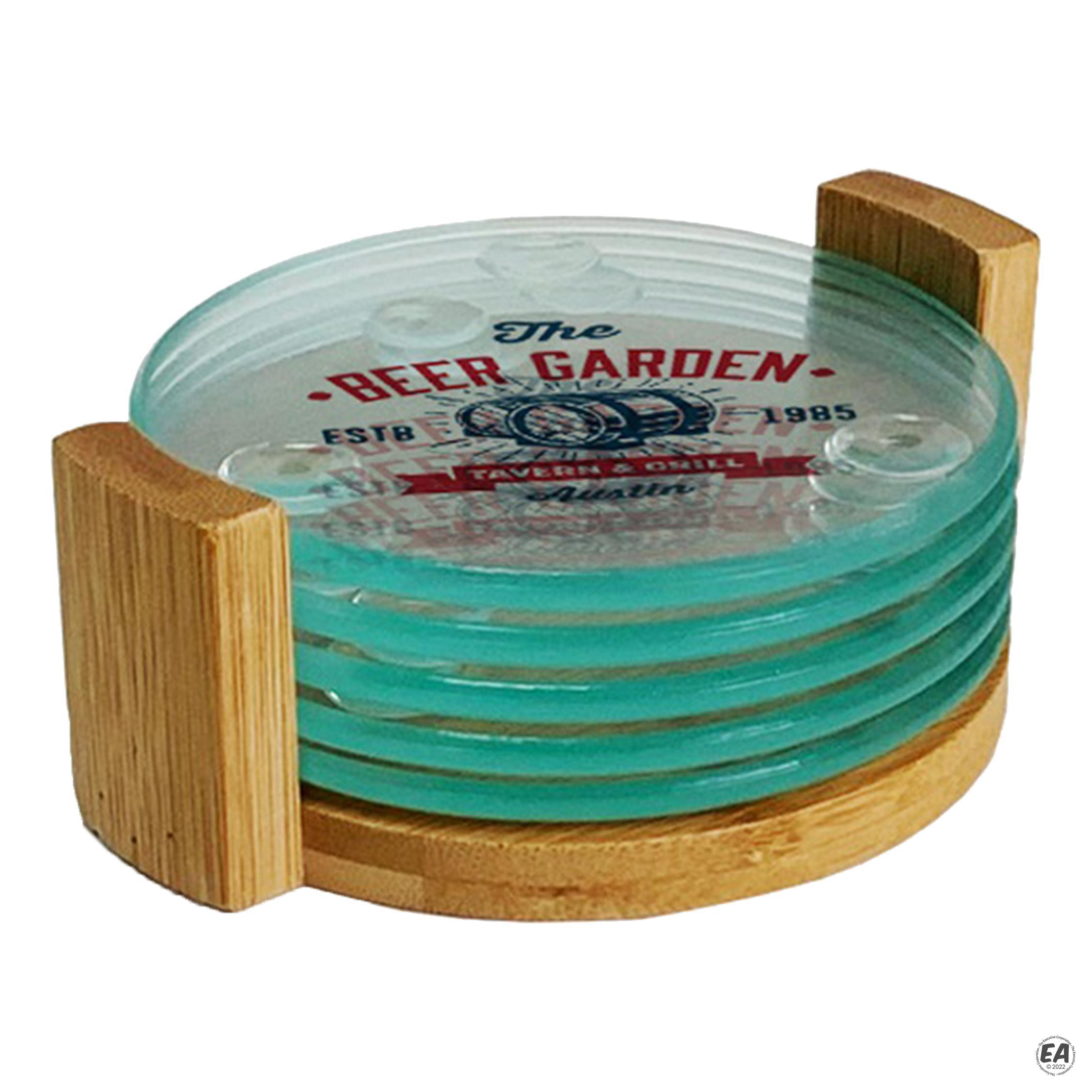 Custom 5-Piece Glass Round Coaster Set with Wood Stand | Promotional ...