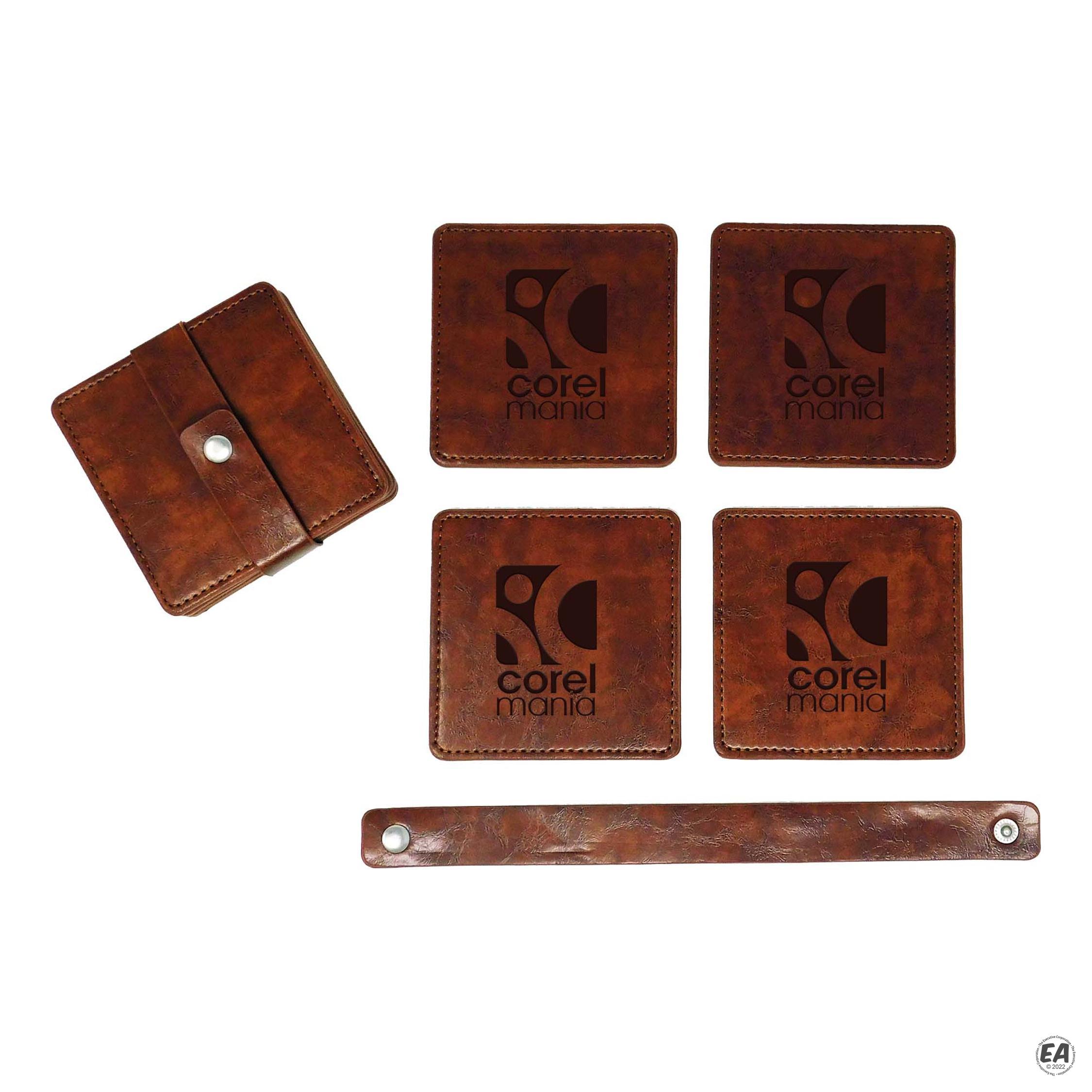 Promotional Watson Square PU Leather Coaster 4-Piece Set in Holder ...