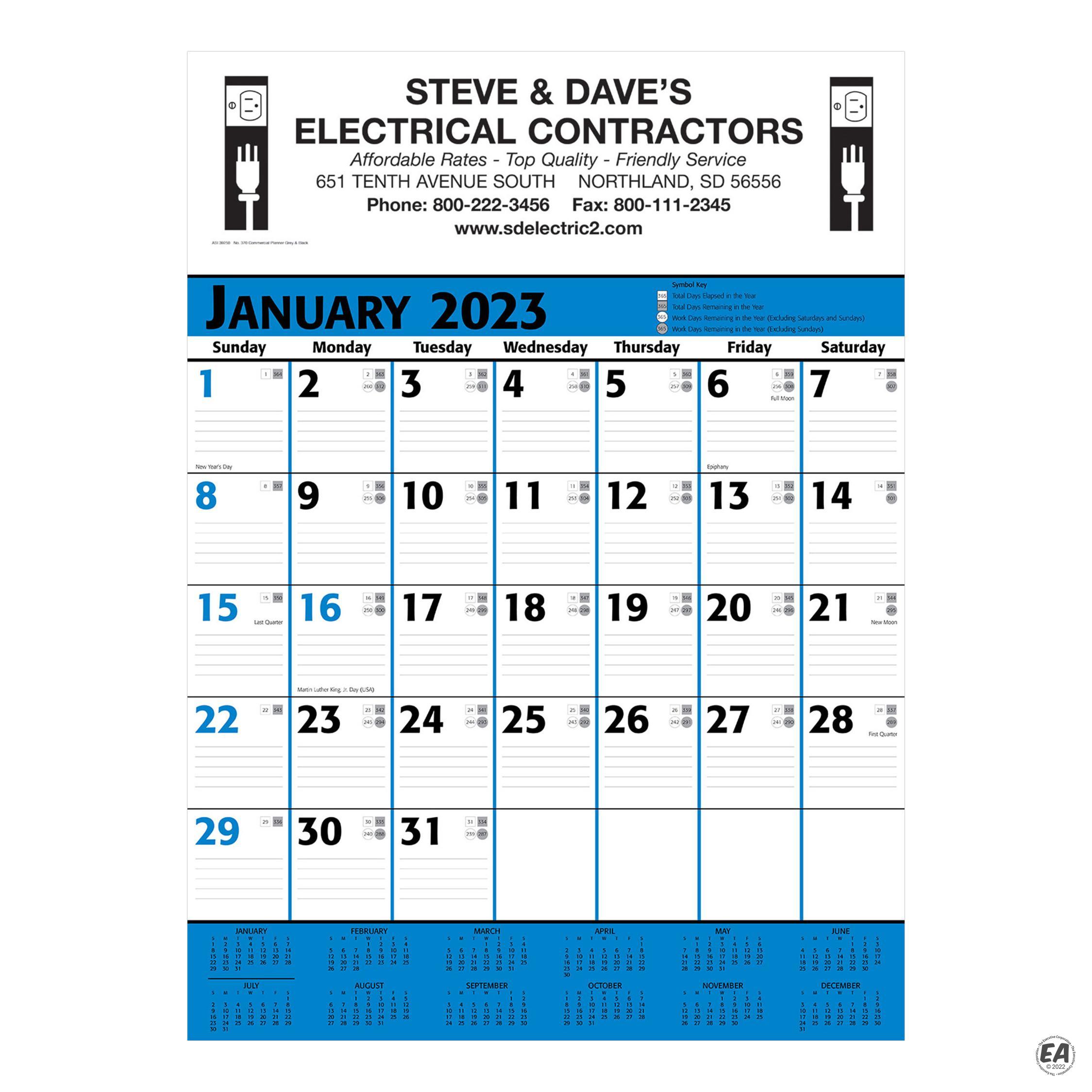 Promotional Commercial Planner Wall Calendar - Blue & Black | Branded ...