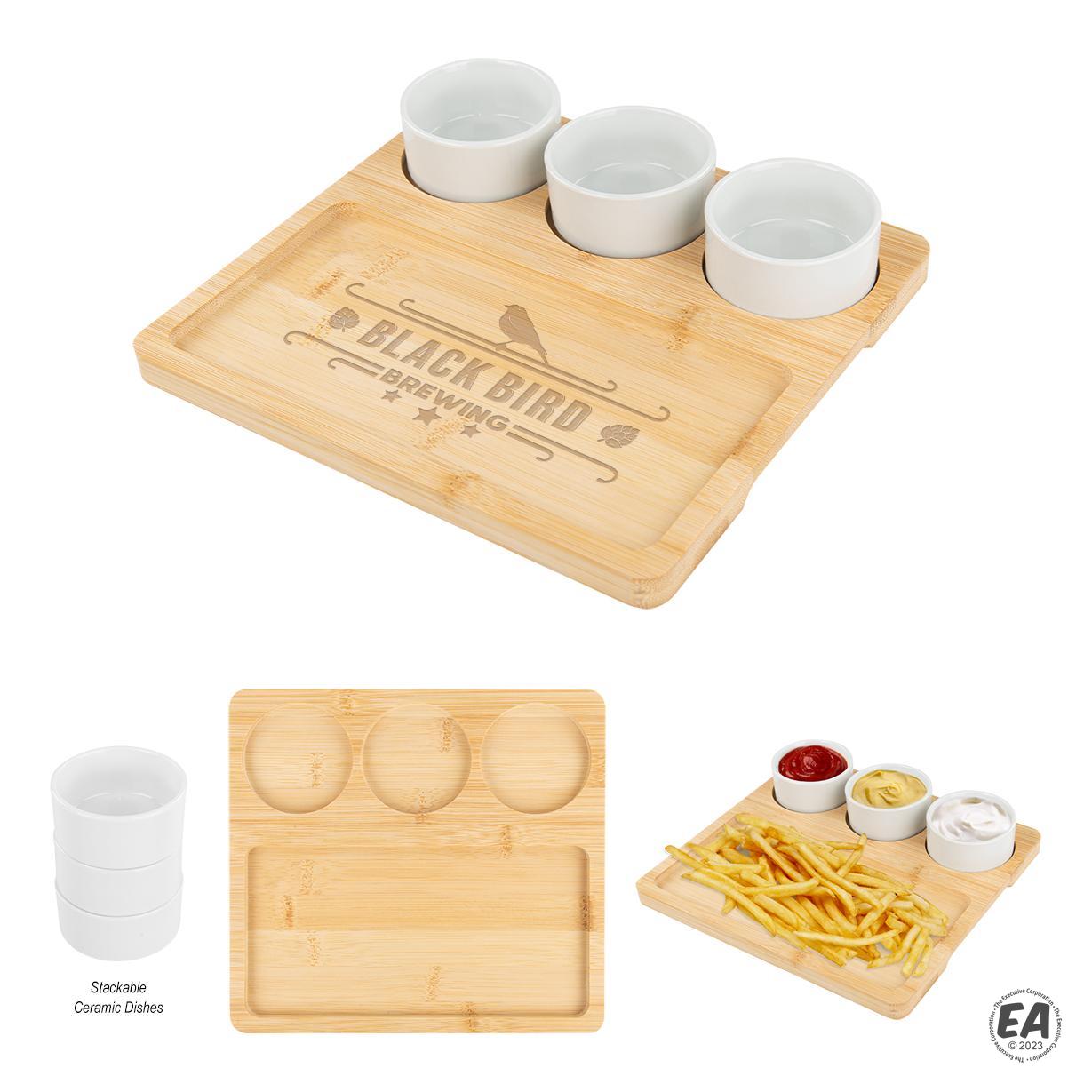 Branded Bamboo Serving Tray With Ceramic Bowls | Promotional Food Bowls ...
