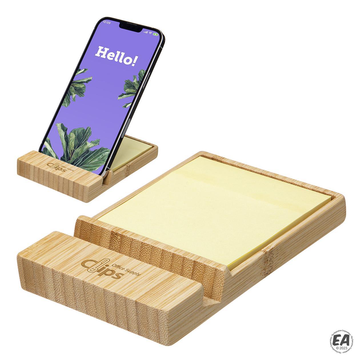 Branded Bamboo Sticky Note Dispenser with Phone Holder | Promotional ...
